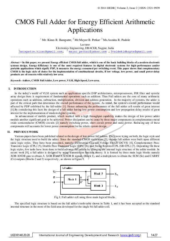 (PDF) CMOS Full Adder for Energy Efficient Arithmetic Applications