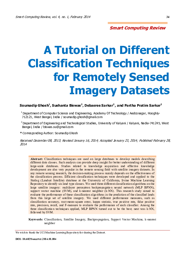 (PDF) A Tutorial on Different Classification Techniques for Remotely Sensed Imagery Datasets