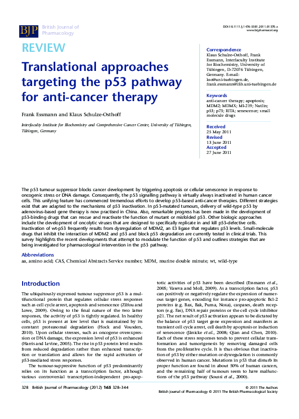 (PDF) Translational approaches targeting the p53 pathway for anti ...
