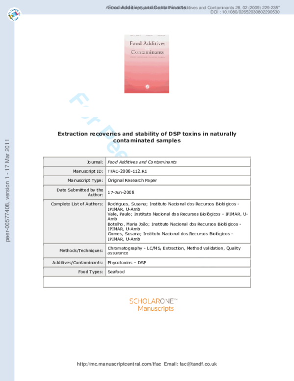 (PDF) Extraction recoveries and stability of diarrhetic shellfish ...