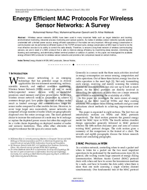 Pdf Energy Efficient Mac Protocols For Wireless Sensor Network A Survey