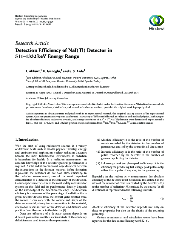 (PDF) Detection Efficiency of NaI(Tl) Detector in 511–1332 keV Energy Range