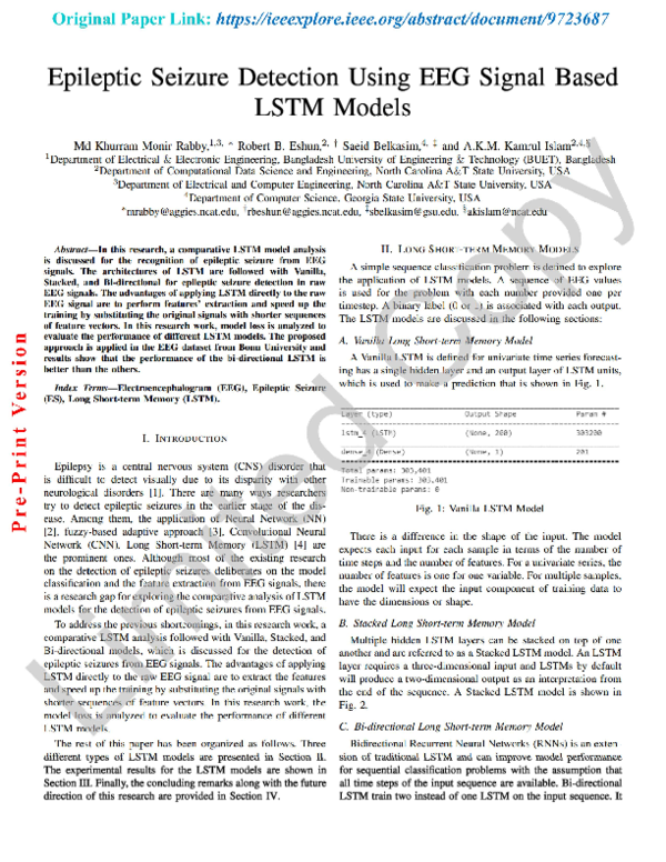 Pdf Epileptic Seizure Detection Using Eeg Signal Based Lstm Models Md Khurram Monir Rabby