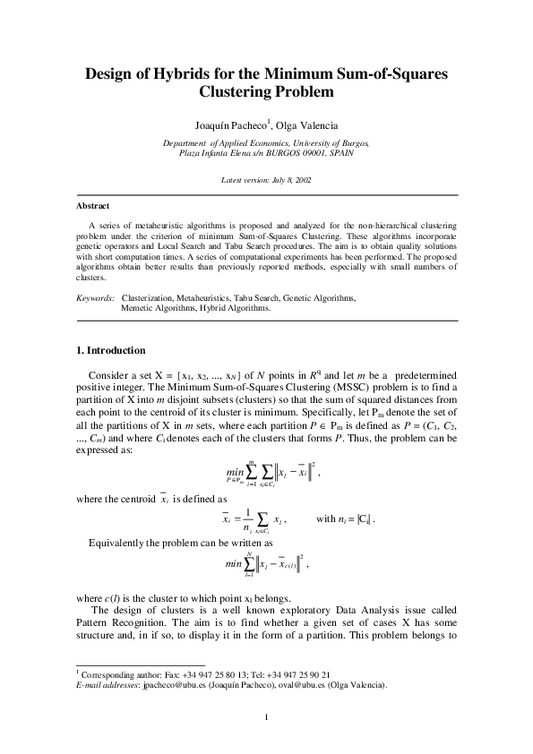 Pdf Design Of Hybrids For The Minimum Sum Of Squares Clustering Problem Joaquin Pacheco 