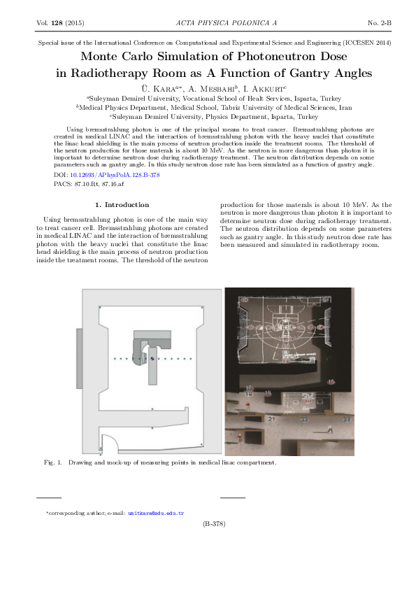 (PDF) Monte Carlo Simulation of Photoneutron Dose in Radiotherapy Room as A Function of Gantry ...