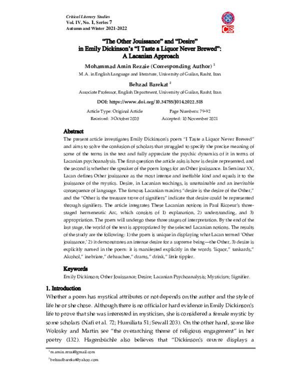 (PDF) “The Other jouissance” and “Desire” in Emily Dickinson’s “I Taste ...