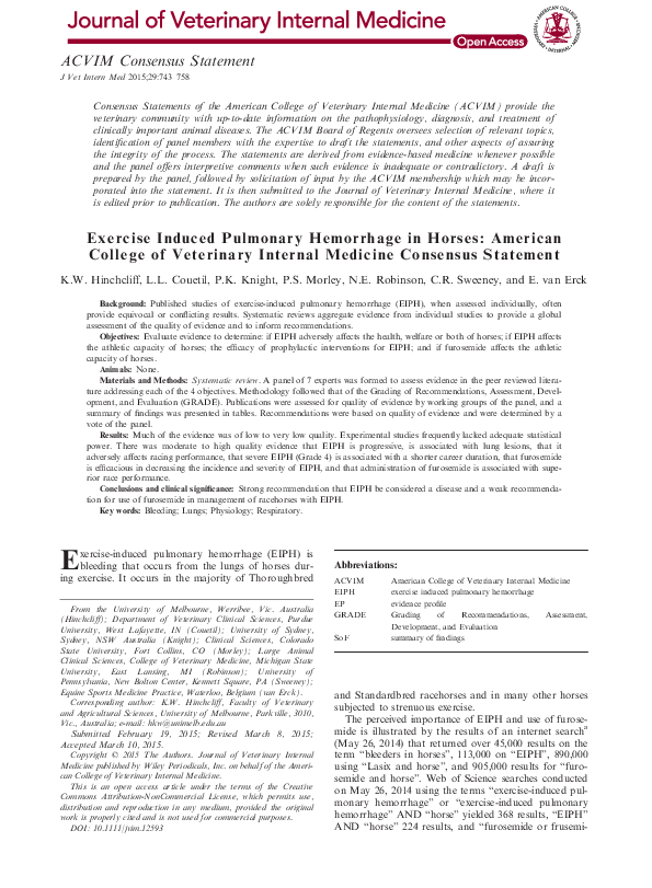 (PDF) Exercise Induced Pulmonary Hemorrhage in Horses: American College of Veterinary Internal ...
