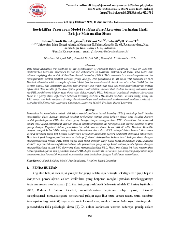 (PDF) Keefektifan Strategi Pembelajaran Problem Based Learning Terhadap Hasil Belajar Matematika ...