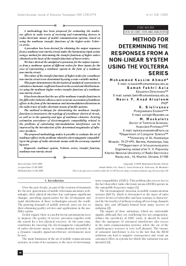 (PDF) Method for determining the responses from a non-linear system using the Volterra series