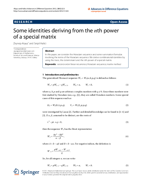 (PDF) Some identities deriving from the nth power of a special matrix