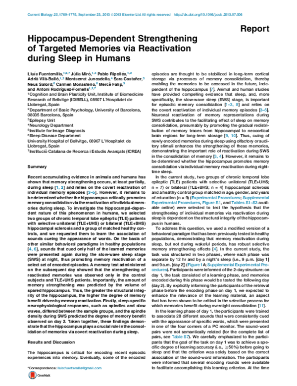 (PDF) Hippocampus-Dependent Strengthening of Targeted Memories via Reactivation during Sleep in ...