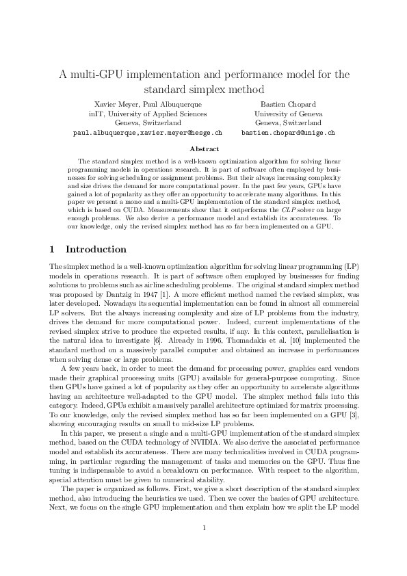 Pdf A Multi Gpu Implementation And Performance Model For The Standard Simplex Method