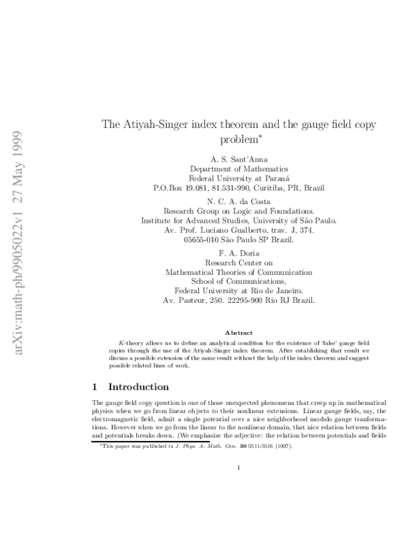 (PDF) The Atiyah - Singer index theorem and the gauge field copy problem