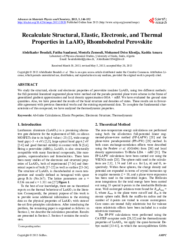 (PDF) Recalculate Structural, Elastic, Electronic, and Thermal Properties in LaAlO 3 ...