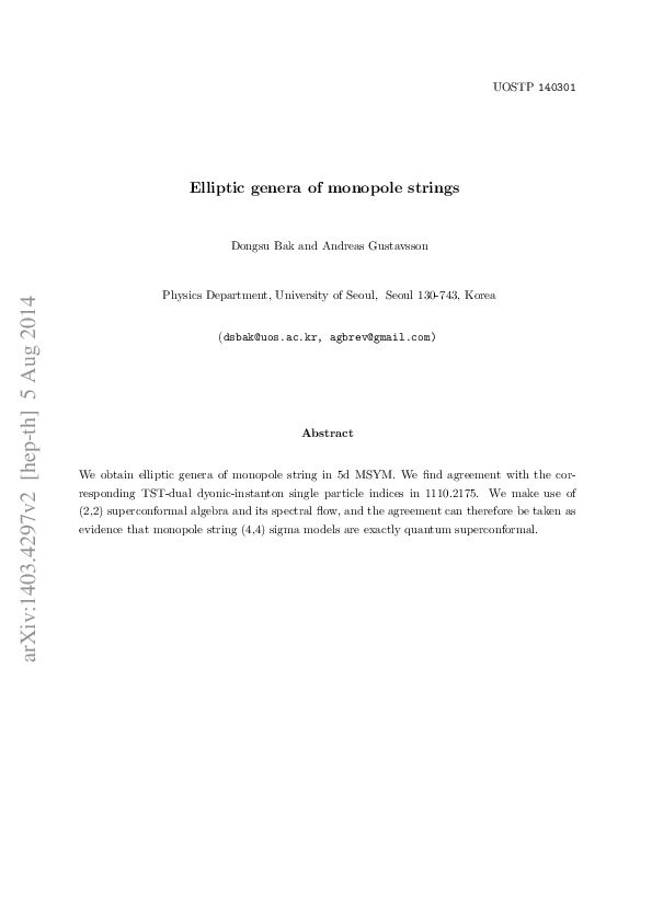 (PDF) Elliptic genera of monopole strings