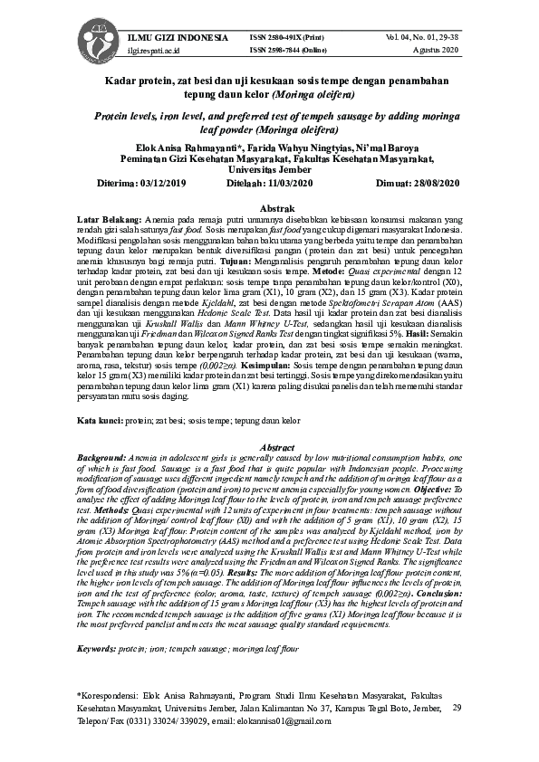 (PDF) Kadar protein, zat besi dan uji kesukaan sosis tempe dengan penambahan tepung daun kelor ...