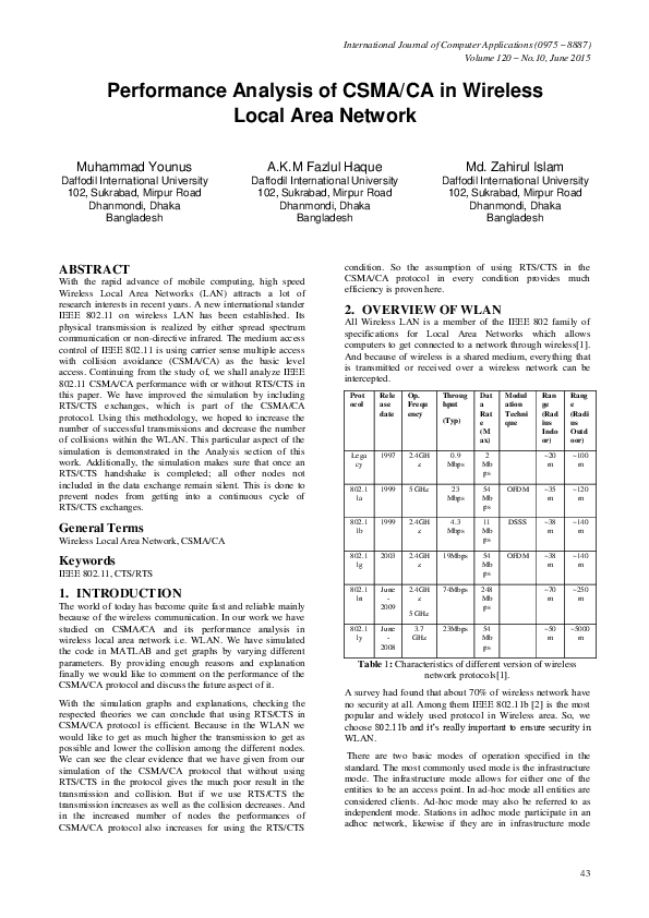 (PDF) Performance Analysis of CSMA/CA in Wireless Local Area Network