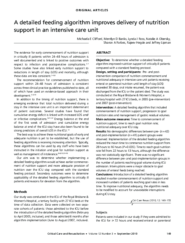 (PDF) A detailed feeding algorithm improves delivery of nutrition ...