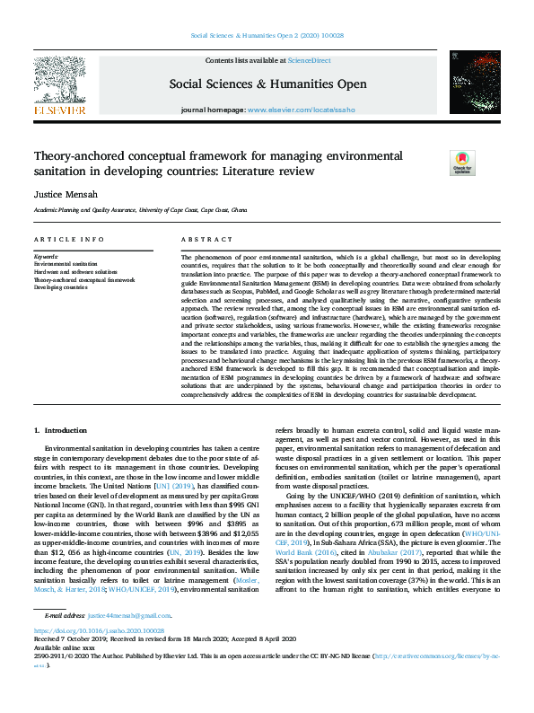 Pdf Theory Anchored Conceptual Framework For Managing Environmental Sanitation In Developing