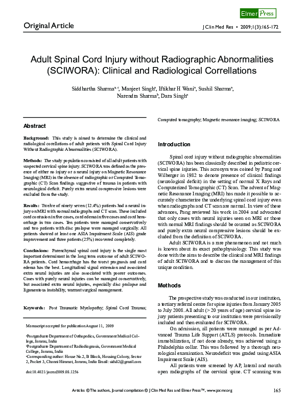 (PDF) Adult Spinal Cord Injury without Radiographic Abnormalities ...
