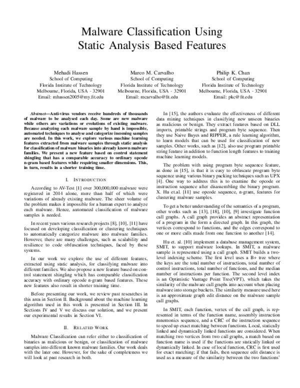 Pdf Malware Classification Using Static Analysis Based Features