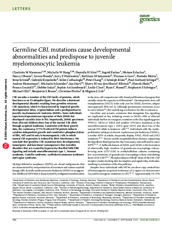 (PDF) Germline CBL mutations cause developmental abnormalities and ...