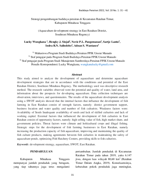 (PDF) Strategi pengembangan budidaya perairan di Kecamatan Ratahan ...
