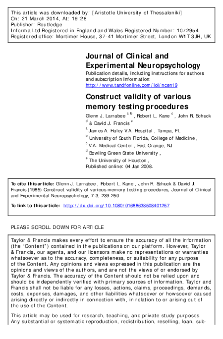 Pdf Construct Validity Of Various Memory Testing Procedures David J Francis
