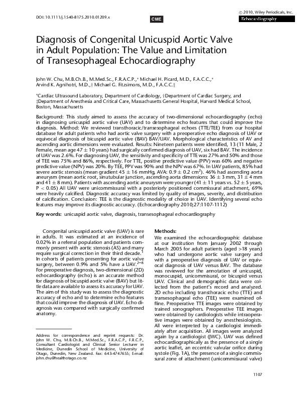 (PDF) Diagnosis of Congenital Unicuspid Aortic Valve in Adult ...