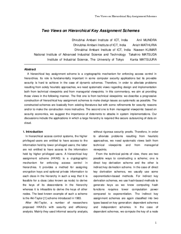 Pdf Two Views On Hierarchical Key Assignment Schemes 