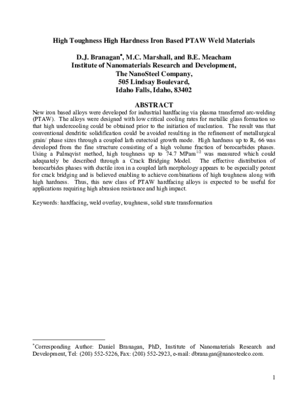 (PDF) High toughness high hardness iron based PTAW weld materials