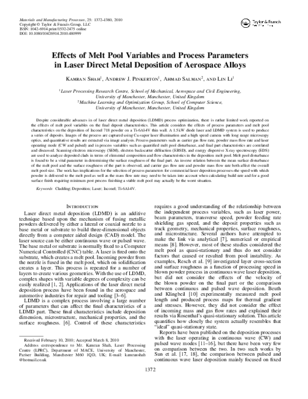 (PDF) Effects of Melt Pool Variables and Process Parameters in Laser Direct Metal Deposition of ...