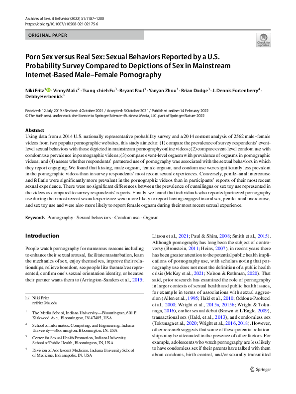 (PDF) Porn Sex versus Real Sex: Sexual Behaviors Reported by a U.S ...
