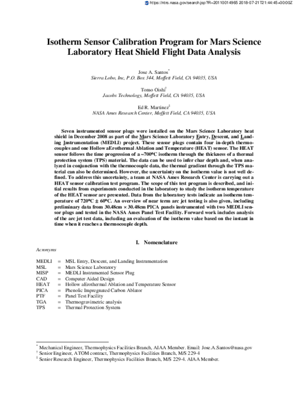 (PDF) Isotherm Sensor Calibration Program for Mars Science Laboratory ...