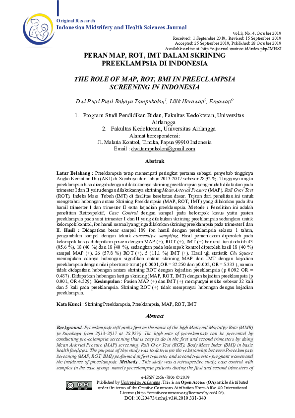 (PDF) Peran Map, Rot, Imt Dalam Skrining Preeklampsia DI Indonesia