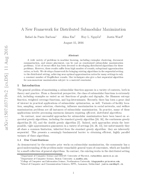 Pdf A New Framework For Distributed Submodular Maximization