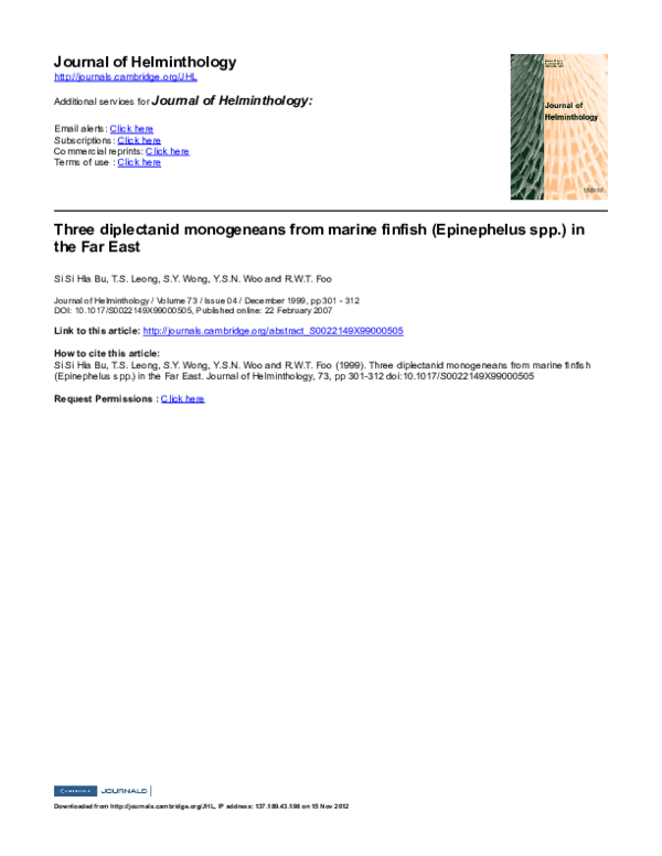 (PDF) Three diplectanid monogeneans from marine finfish (Epinephelus ...
