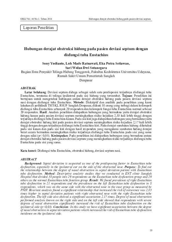 (PDF) Hubungan derajat obstruksi hidung pada pasien deviasi septum dengan disfungsi tuba Eustachius