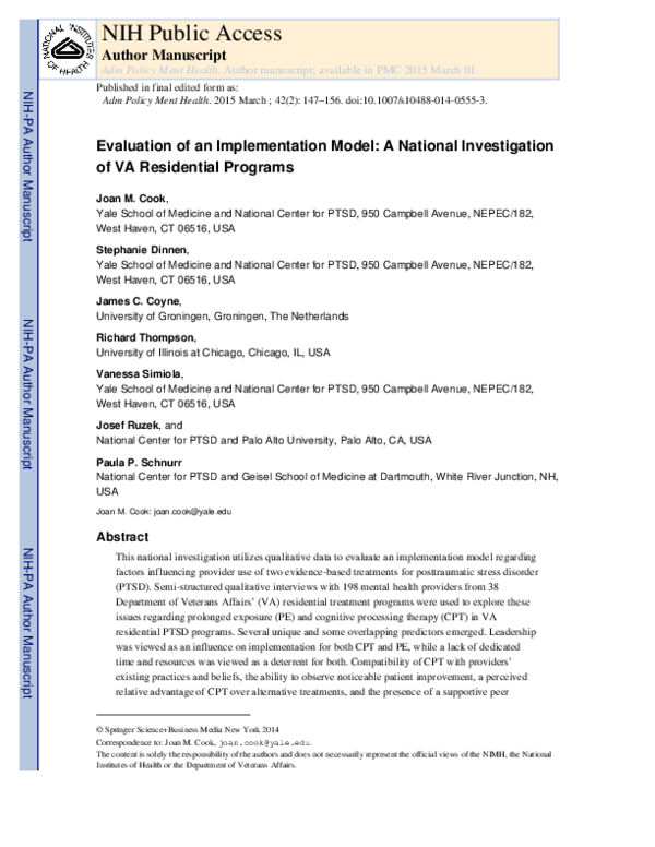(PDF) Evaluation of an Implementation Model: A National Investigation ...