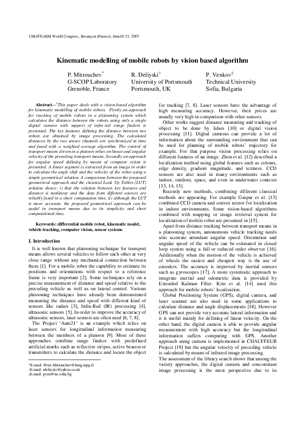 Pdf Kinematic Modelling Of Mobile Robots By Vision Based Algorithm