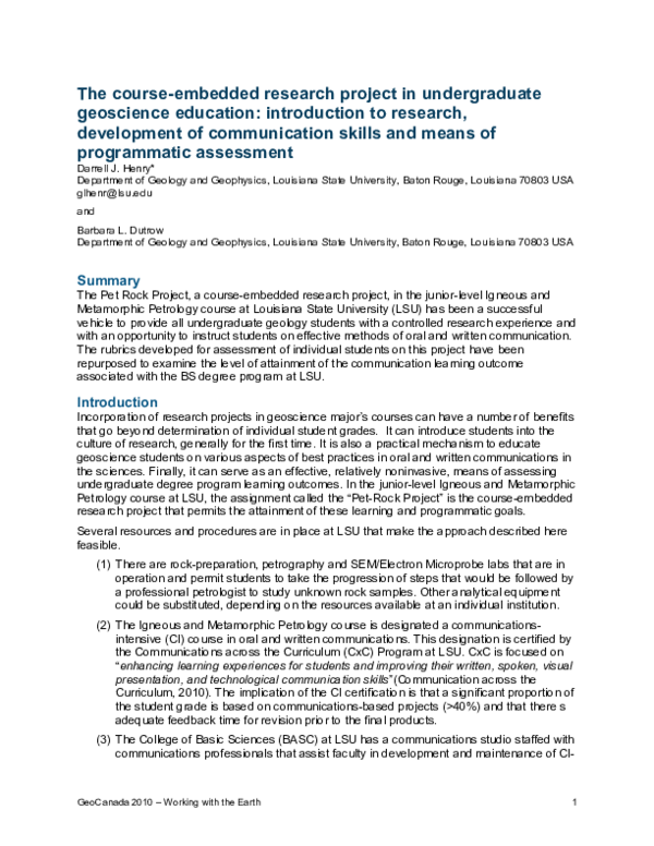 (PDF) The course-embedded research project in undergraduate geoscience ...
