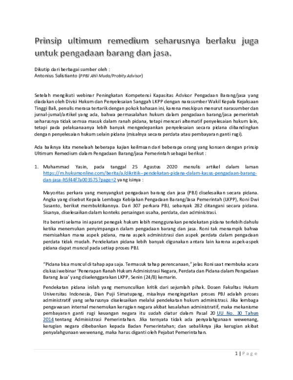 (PDF) Prinsip ultimum remedium seharusnya berlaku juga untuk pengadaan ...