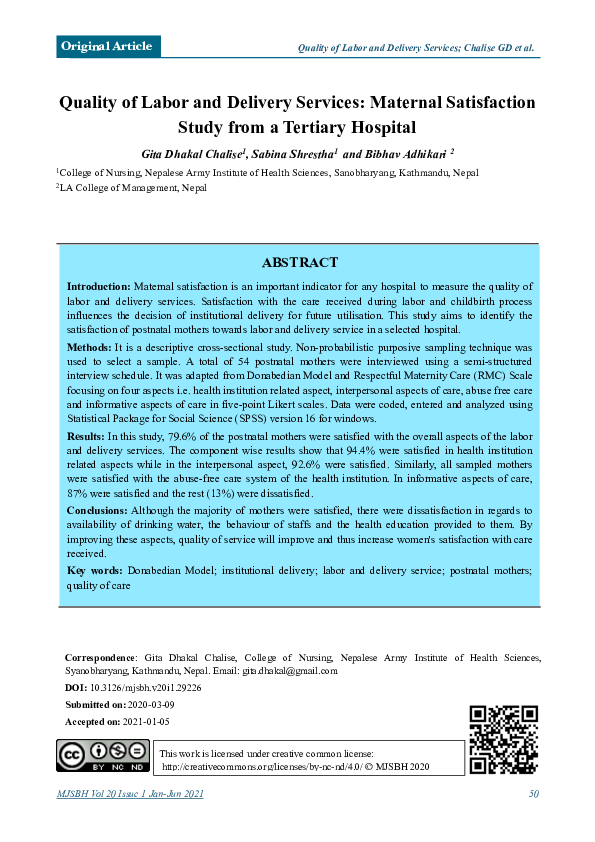 (PDF) Quality of Labor and Delivery Services: Maternal Satisfaction ...