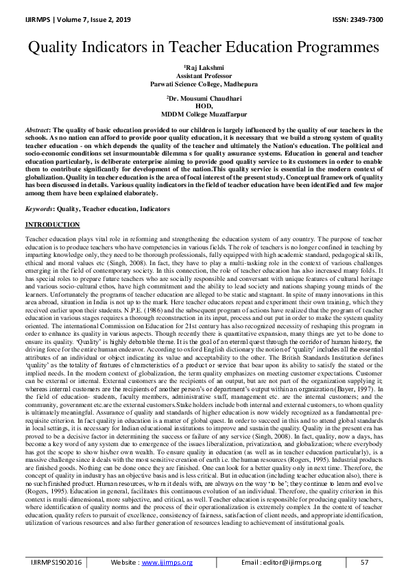 Pdf Quality Indicators In Teacher Education Programmes