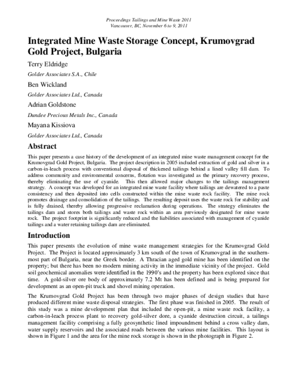 (PDF) Integrated mine waste storage concept, Krumovgrad Gold Project ...