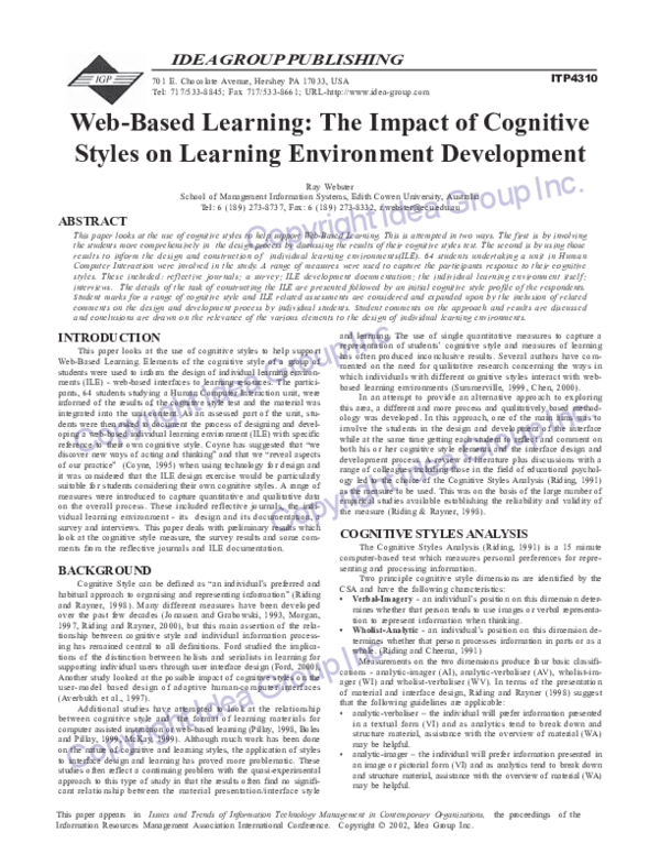 (PDF) Web-Based Learning: The Impact of Cognitive Styles on Learning Environment Development