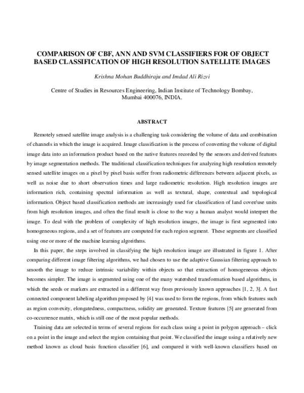 Pdf Comparison Of Cbf Ann And Svm Classifiers For Object Based