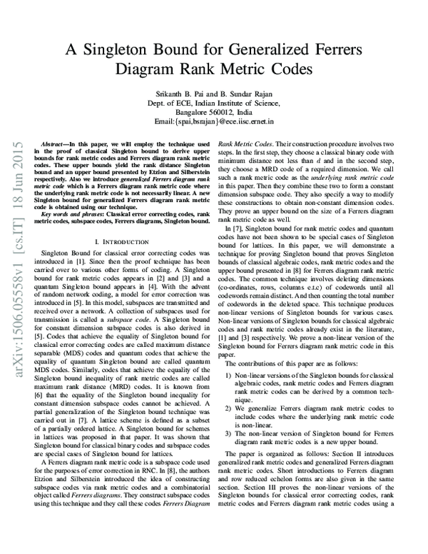 (PDF) A Singleton Bound for Generalized Ferrers Diagram Rank Metric Codes