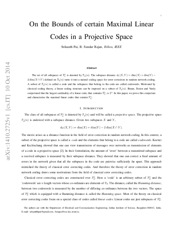 (PDF) On the Bounds of Certain Maximal Linear Codes in a Projective Space