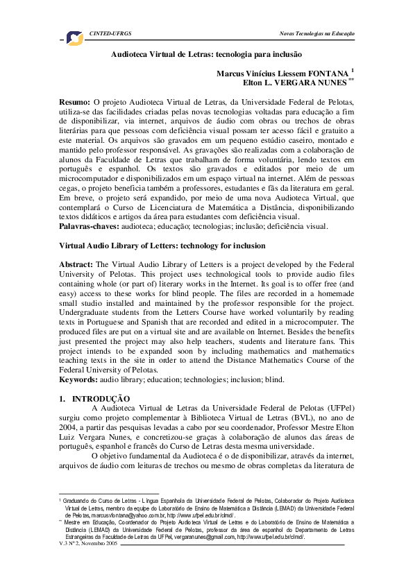 (PDF) Audioteca Virtual de Letras: tecnologia para inclusão